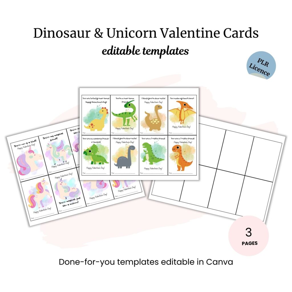 Dinosaur & Unicorn Valentine Cards PLR – Snazzy Designs PLR